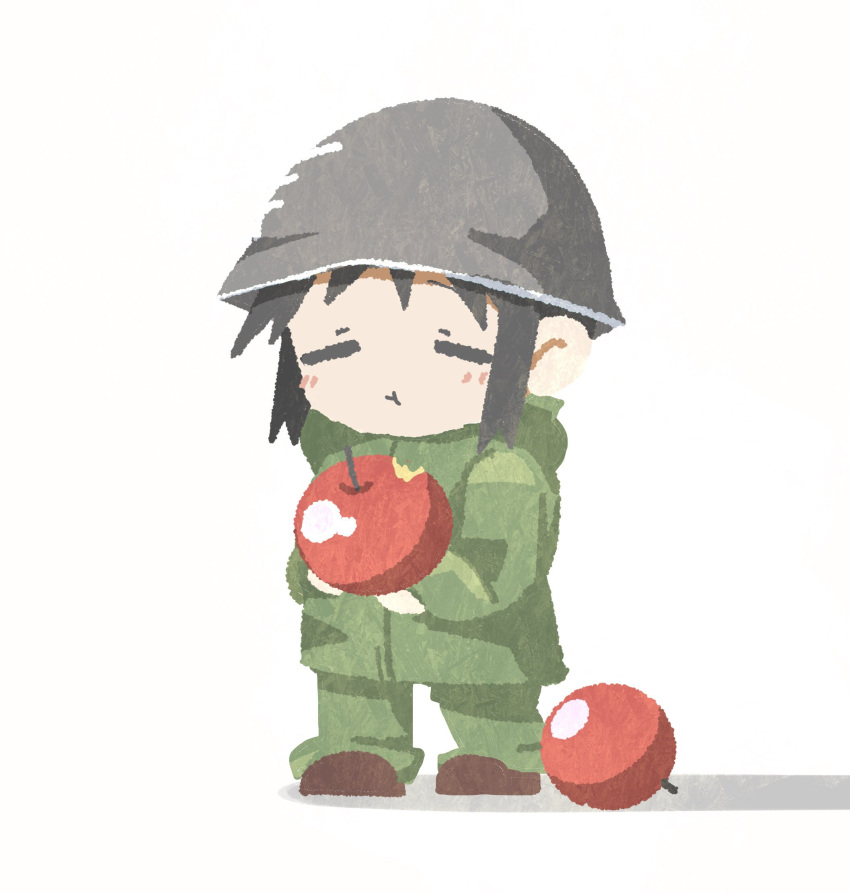 Safebooru - 1girl apple black hair blush boots brown footwear chibi ...