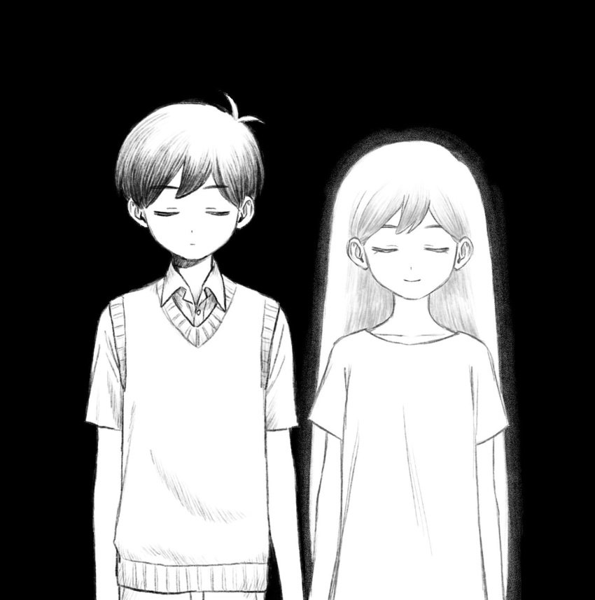 Safebooru - 1boy 1girl closed eyes closed mouth collarbone collared shirt dress greyscale ...