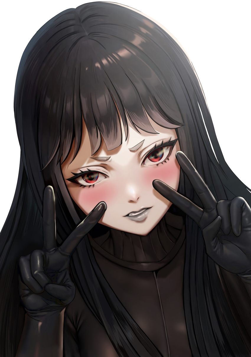 Safebooru - 1girl absurdres black gloves black hair blush bodysuit double v gloves highres long ...