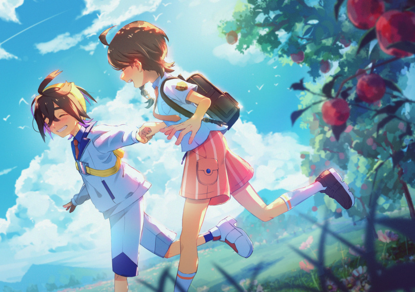 Safebooru - 1boy 1girl :d ahoge apple backpack bag black footwear blue shirt blush braid brown ...