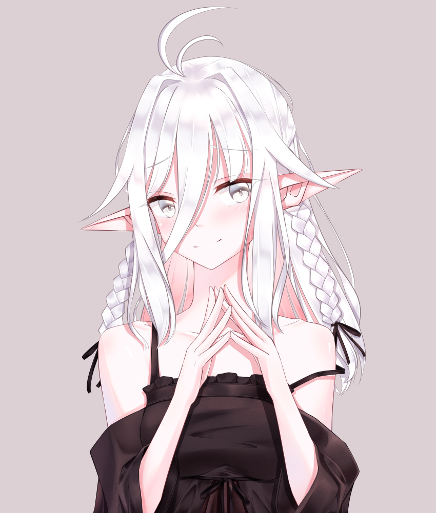 Safebooru - 1girl absurdres antenna hair black dress black ribbon braid breasts dress elf grey ...