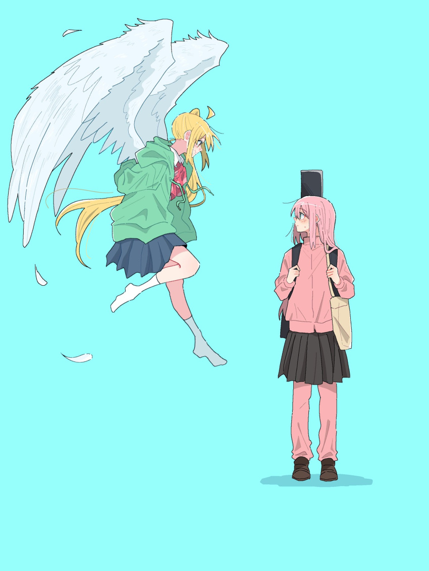 Safebooru - 2girls ahoge aqua background arms behind head bag black ...