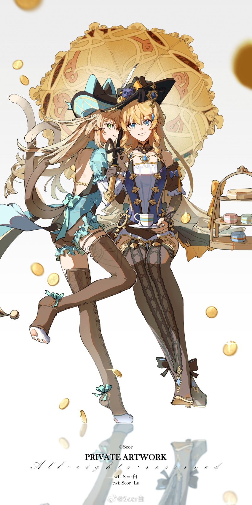 Safebooru - 2girls absurdres aqua dress black gloves blonde hair blue eyes boots brown footwear ...