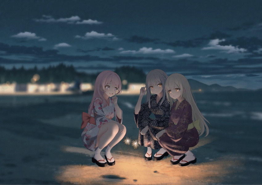 Safebooru - 3girls bang dream! bang dream! it's mygo!!!!! beach black kimono blue hair blurry ...