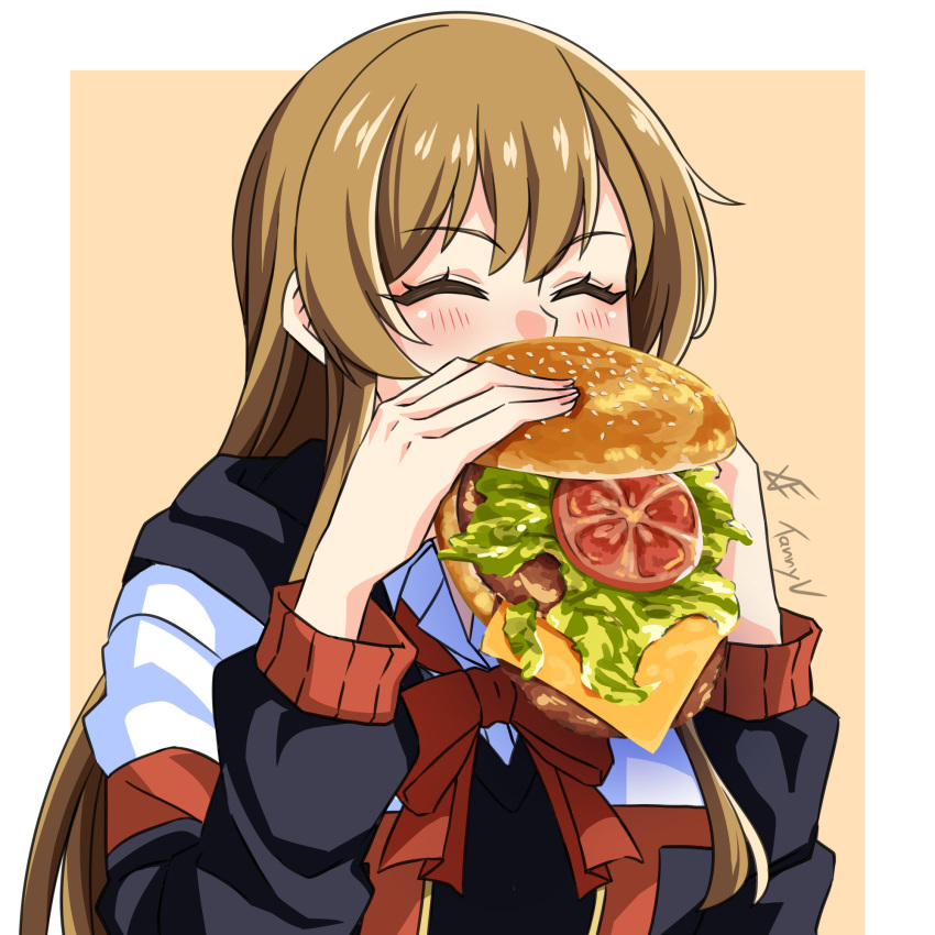 Safebooru - 1girl blush bow bowtie brown hair burger burger malfunction cheese closed eyes ...