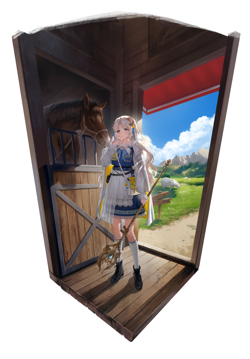 Safebooru - 1girl absurdres bag belt black footwear blue belt blue eyes blue skirt clouds coat ...