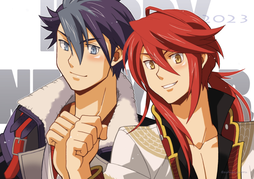 Safebooru - 2023 2boys aaron wei ashibe-kaoru blue coat blue eyes blue hair closed mouth coat ...