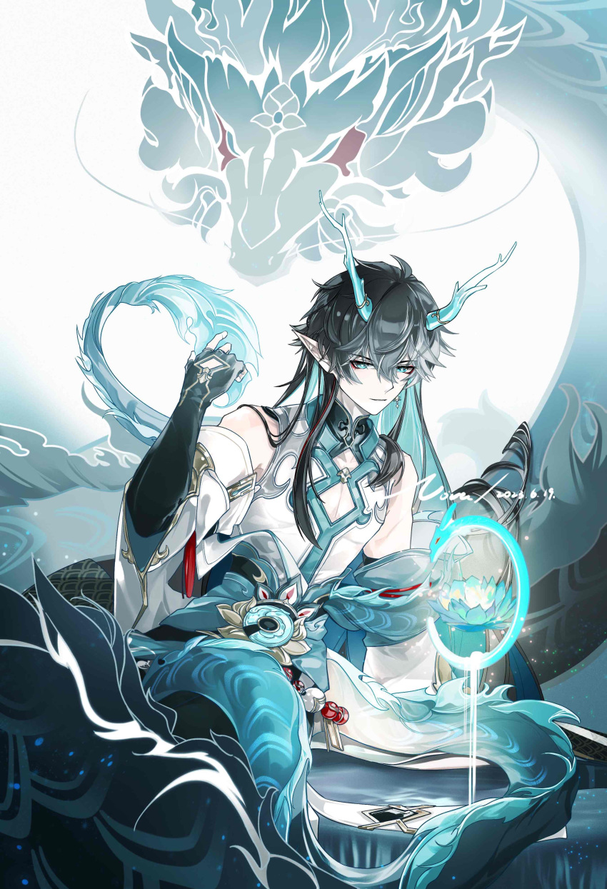 Safebooru - 1boy absurdres arm support bare shoulders beads black hair ...