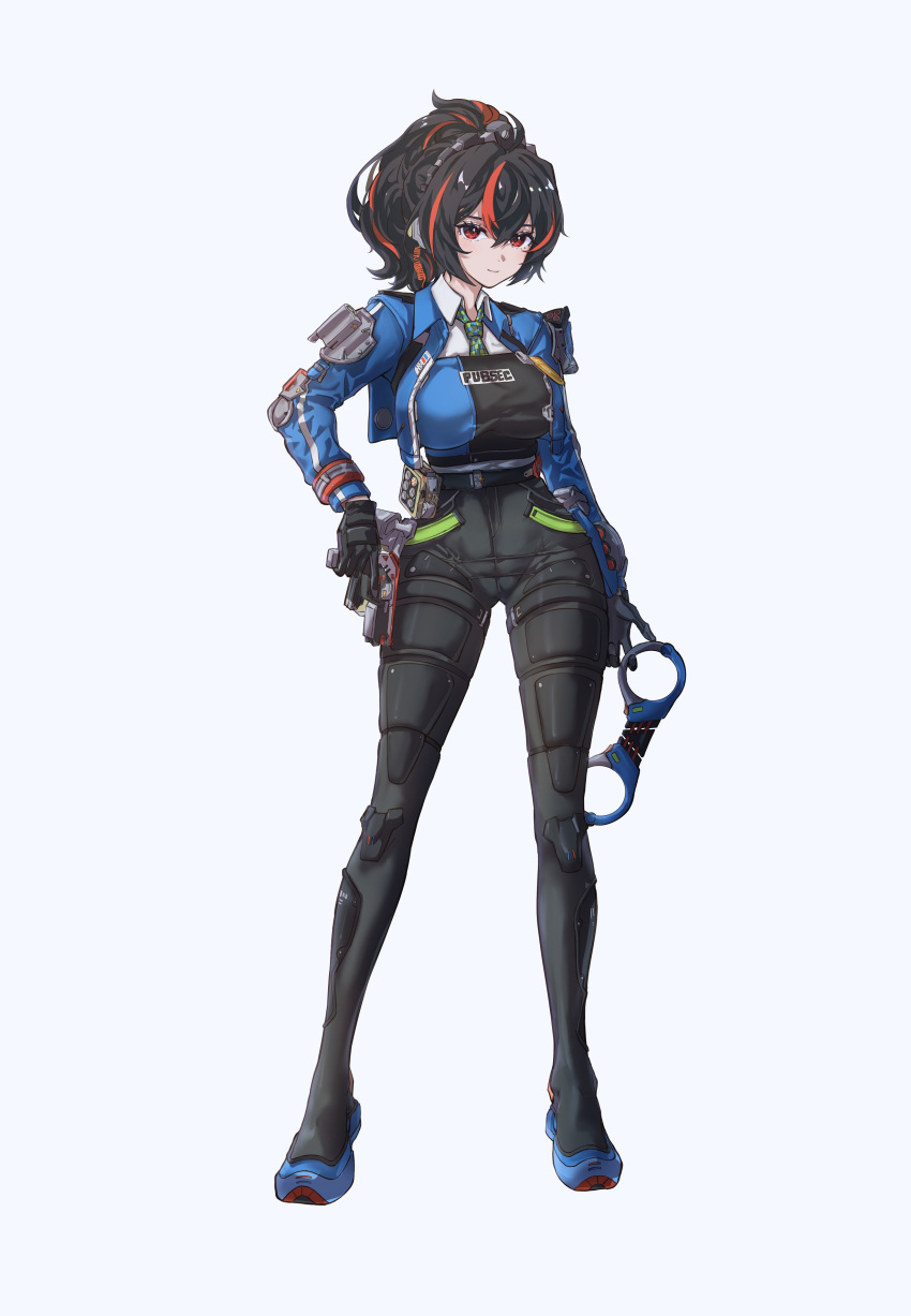 Safebooru - 1girl absurdres black gloves black hair black pants blue jacket closed mouth full ...