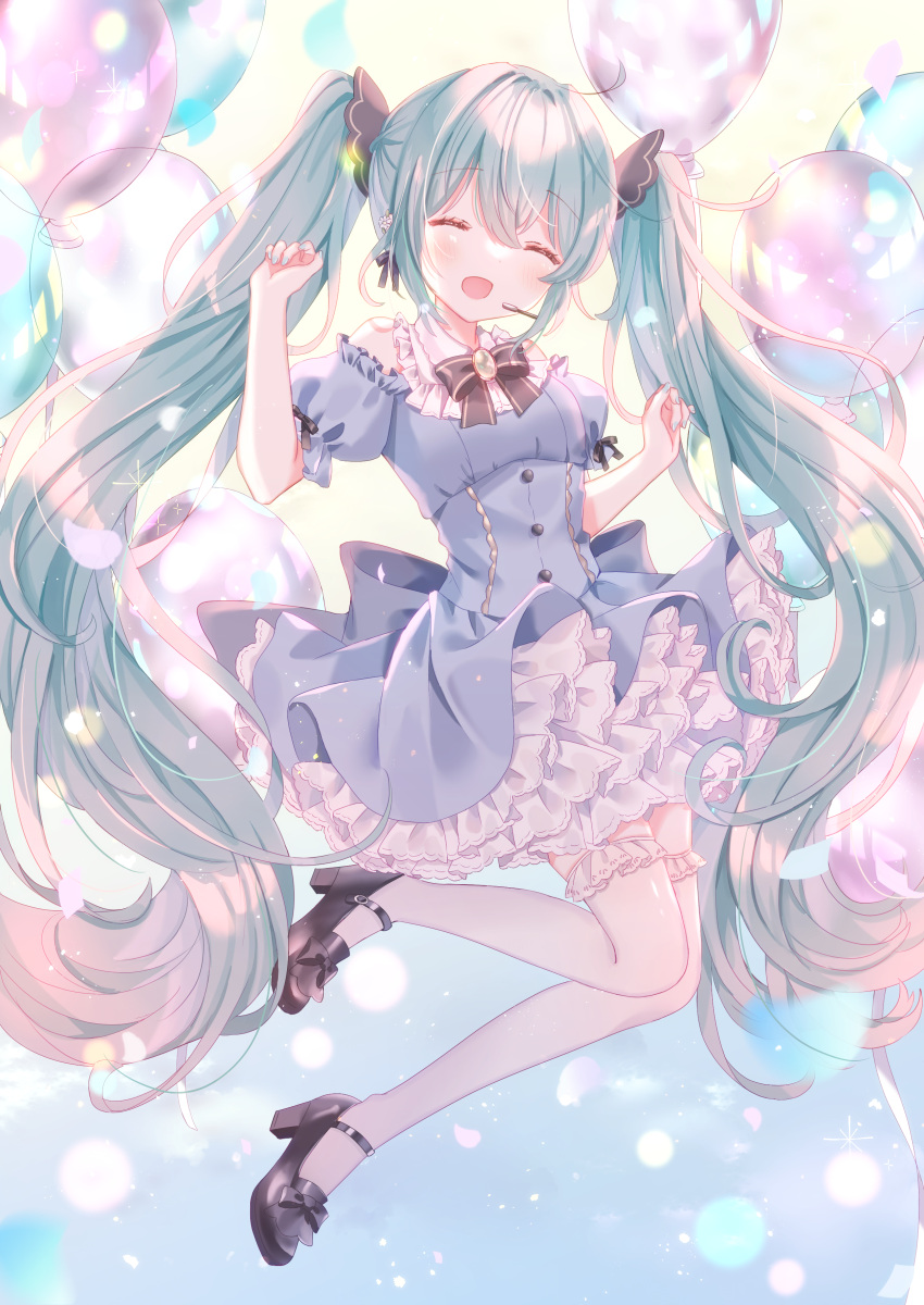 Safebooru - 1girl 39 absurdres aqua hair azarashi6 black footwear blue dress blush closed eyes ...