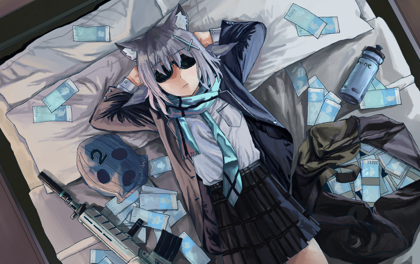 Safebooru - 1girl absurdres animal ear fluff animal ears arms behind head assault rifle bag ...