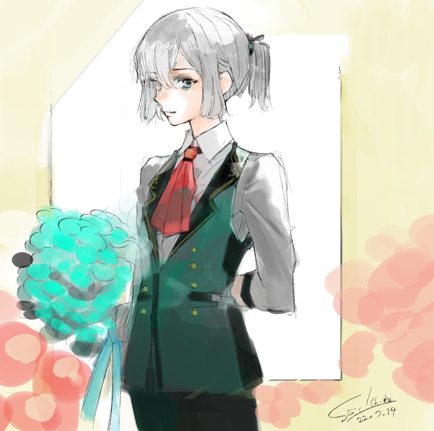 Safebooru - 1boy absurdres androgynous aqua eyes aqua vest arm behind back artist name ascot ...