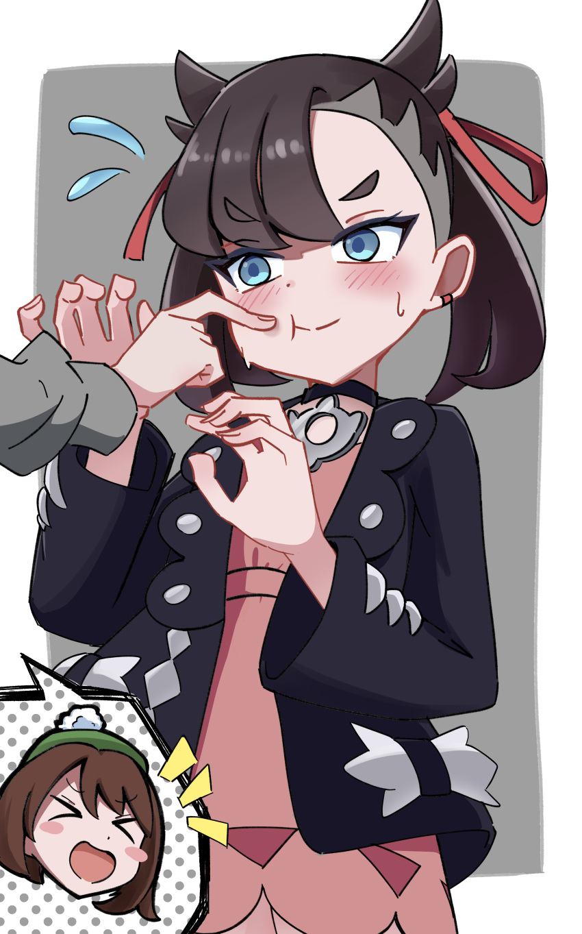 Safebooru - 2girls :t absurdres asymmetrical bangs black choker black jacket blue eyes blush ...