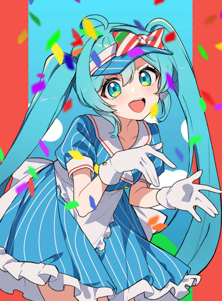 Safebooru - absurdres apron blue eyes blue hair burgerpackaging colorful confetti gloves hatsune ...