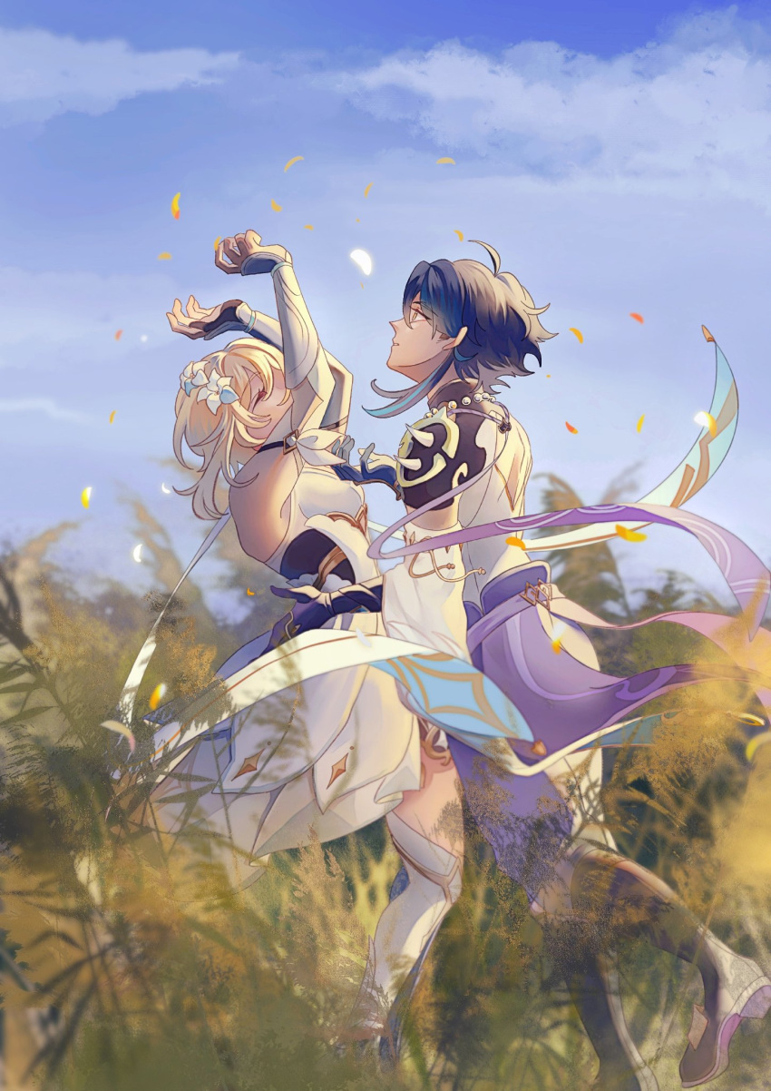Safebooru - 1boy 1girl ahoge black gloves blonde hair blue sky chinese clothes dress flower full ...