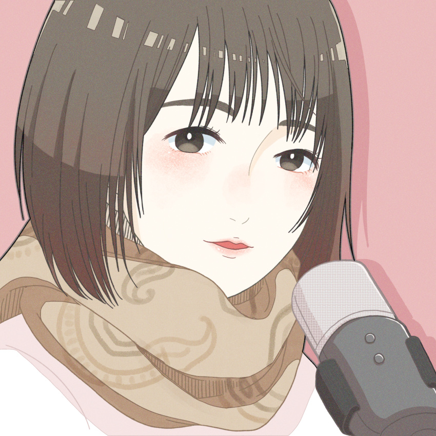 Safebooru - 1girl black eyes blush bright pupils brown hair brown scarf drop shadow eyebrows ...