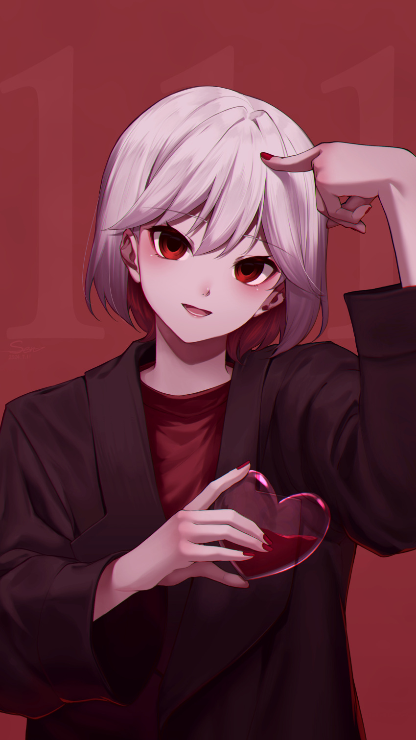 Safebooru - 1girl absurdres black coat blood coat finger to head ...