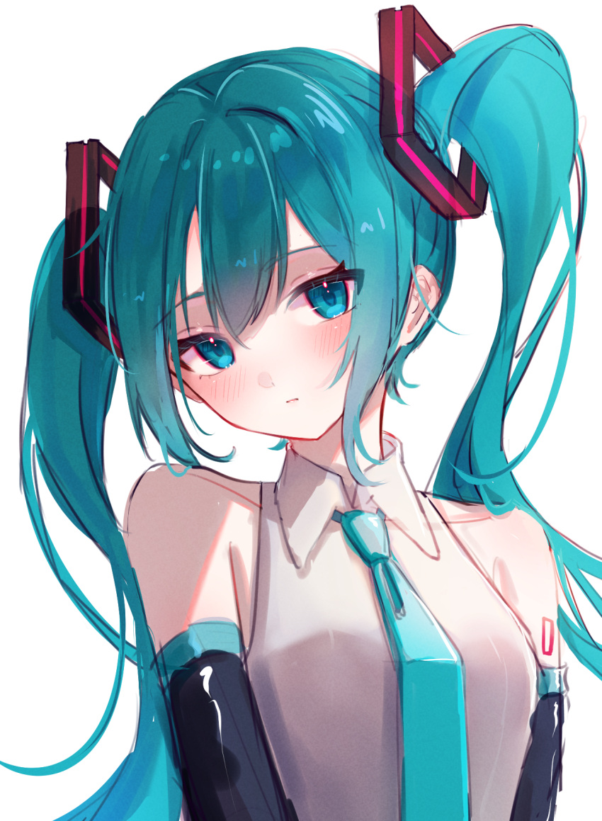 Safebooru - 1girl aqua eyes aqua hair aqua necktie arms at sides bare shoulders blush breasts ...