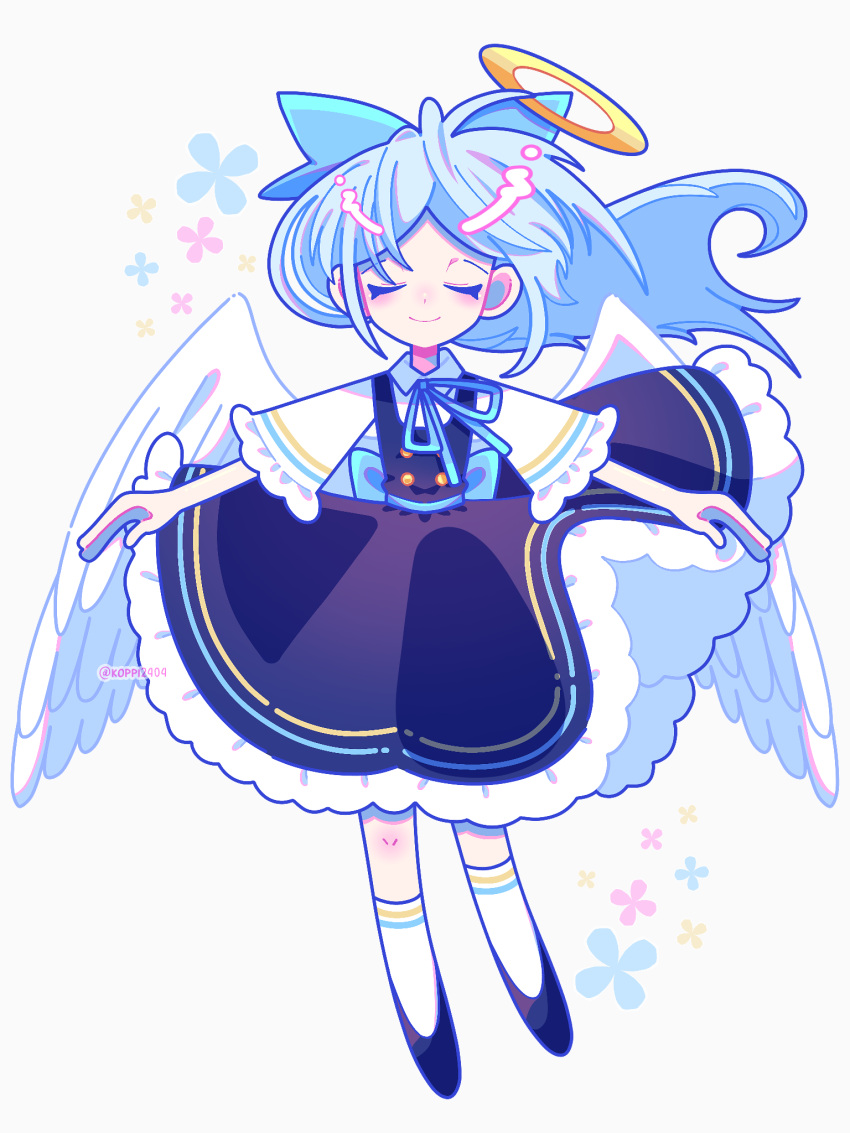 Safebooru - 1girl angel angel wings black dress black footwear blue bow blue ribbon bow closed ...