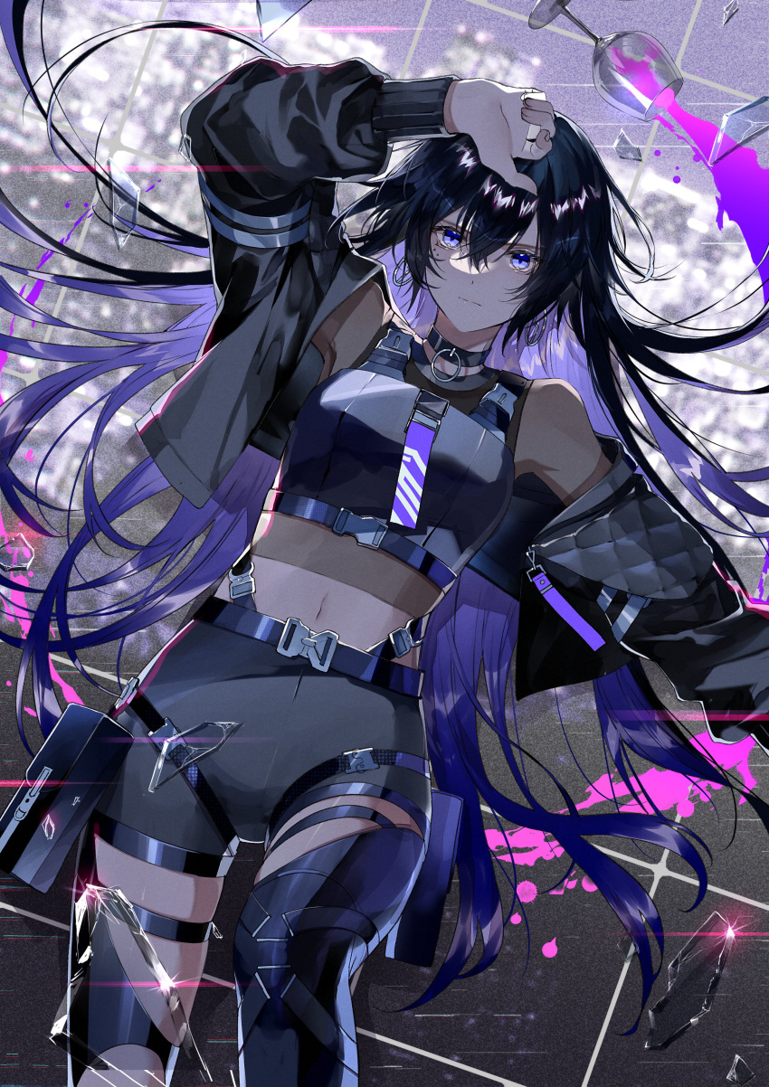 Safebooru - 1girl absurdres arm up asymmetrical legwear belt black choker black hair black ...