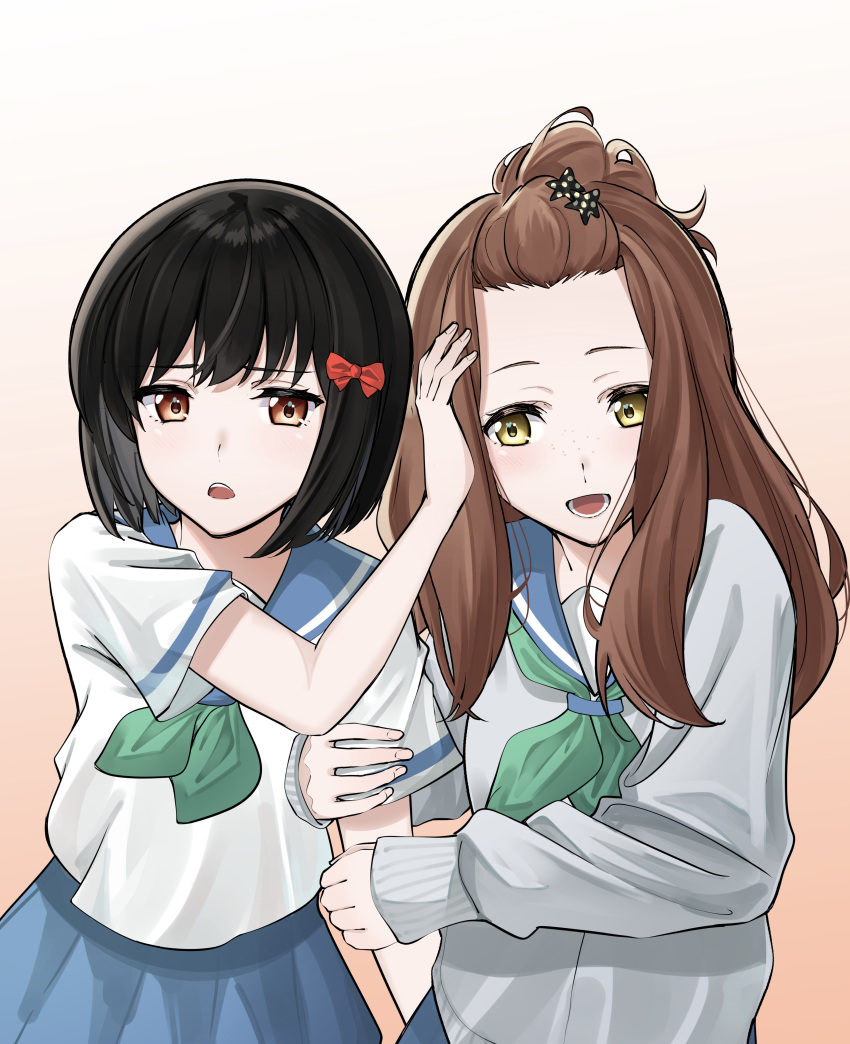 Safebooru - 2girls absurdres akane (tgixb) arm hug black hair bow brown hair clinging freckles ...