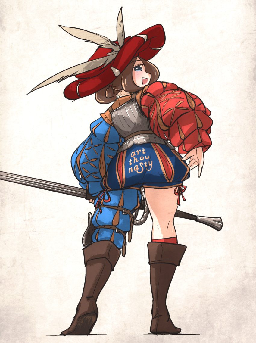 Safebooru - 1girl armor asymmetrical legwear blue eyes boots breastplate brown hair chaperon hat ...