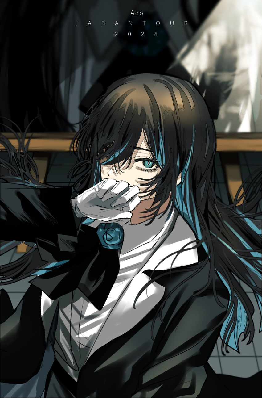 Safebooru - 1girl ado (utaite) black coat black hair blue eyes blue flower blue hair blue rose ...