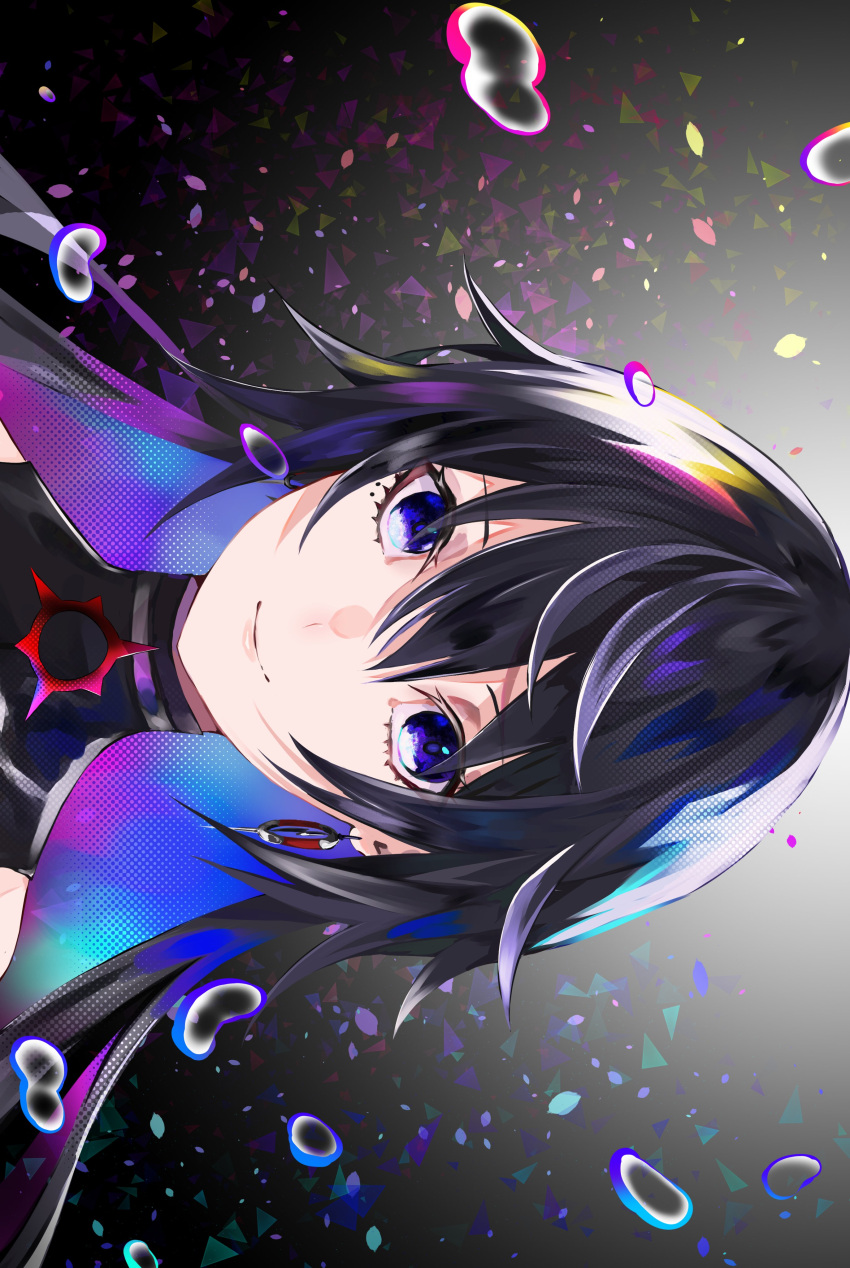 Safebooru - 1girl absurdres black background black hair black shirt blue eyes blue hair colored ...
