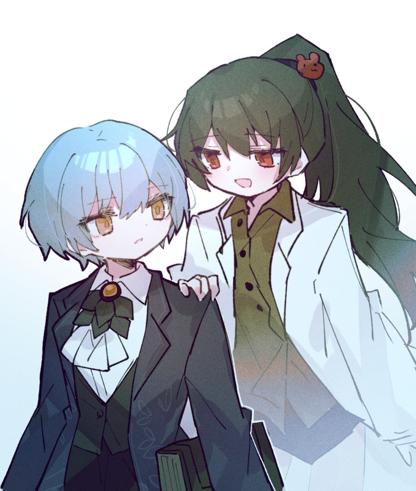 Safebooru - 2girls angela (project moon) ascot blue coat blue hair book brown hair carmen ...