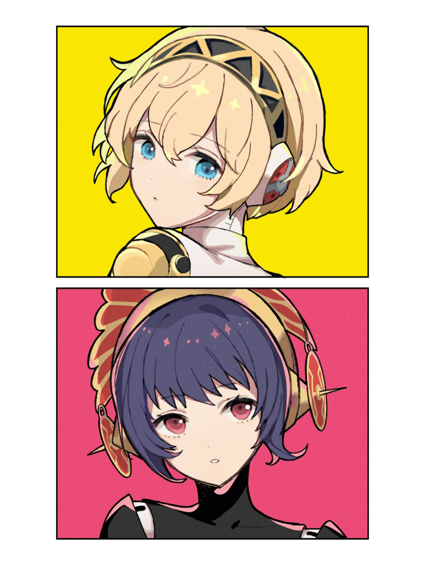 Safebooru - 2girls aegis (persona) android blonde hair blue eyes blue hair border closed mouth ...