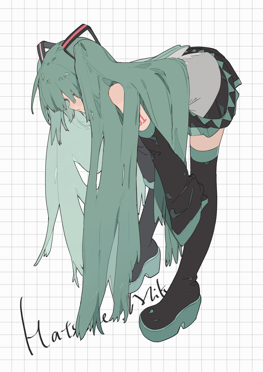 Safebooru - 1girl aqua hair bare shoulders black footwear black skirt boots character name ...