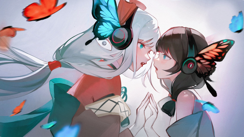 Safebooru - 2girls absurdres aqua eyes bare shoulders black hair blue butterfly blurry blush bug ...