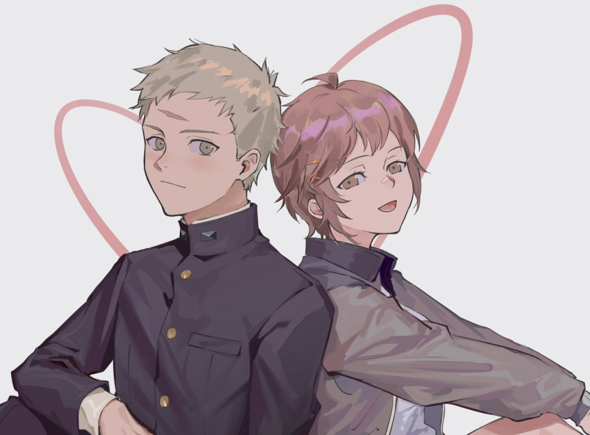 Safebooru - 1boy 1girl back-to-back blush brown eyes brown hair gakuran ...