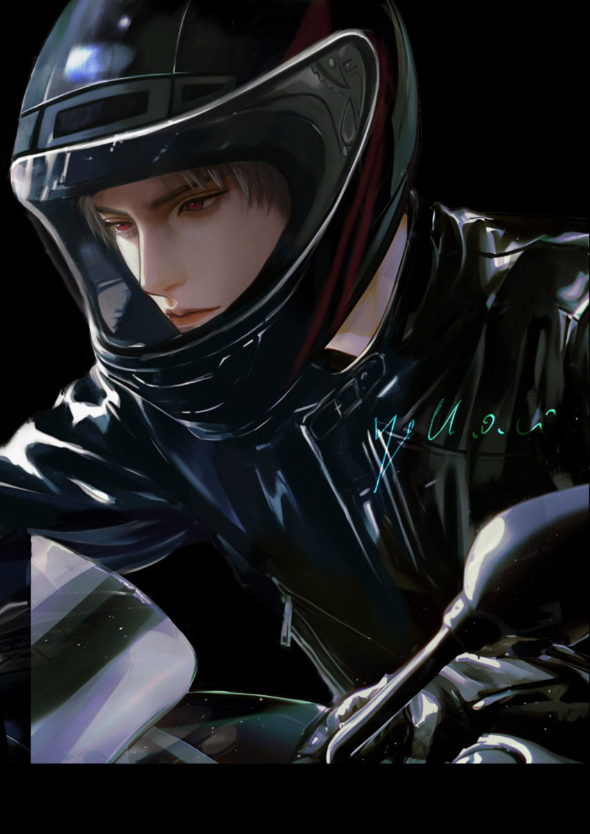 Safebooru - 1boy black background black jacket grey hair helmet highres ...