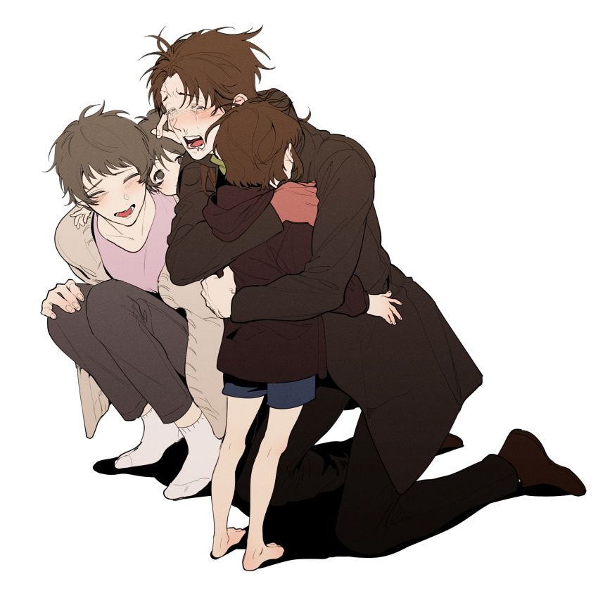 Safebooru - 1girl 3boys black coat black hoodie black pants brown cardigan brown hair cardigan ...