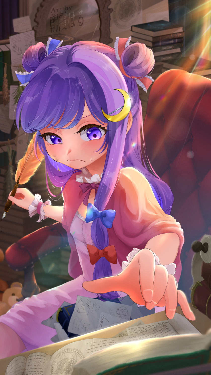 Safebooru - 1girl absurdres aged down armchair artist name asaka haru123 blue bow book book ...