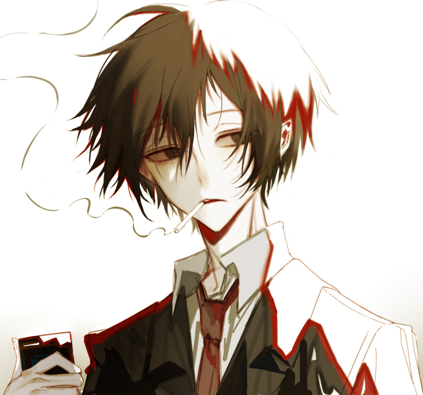 Safebooru - 1boy black jacket brown eyes brown hair chinese commentary cigarette collared shirt ...