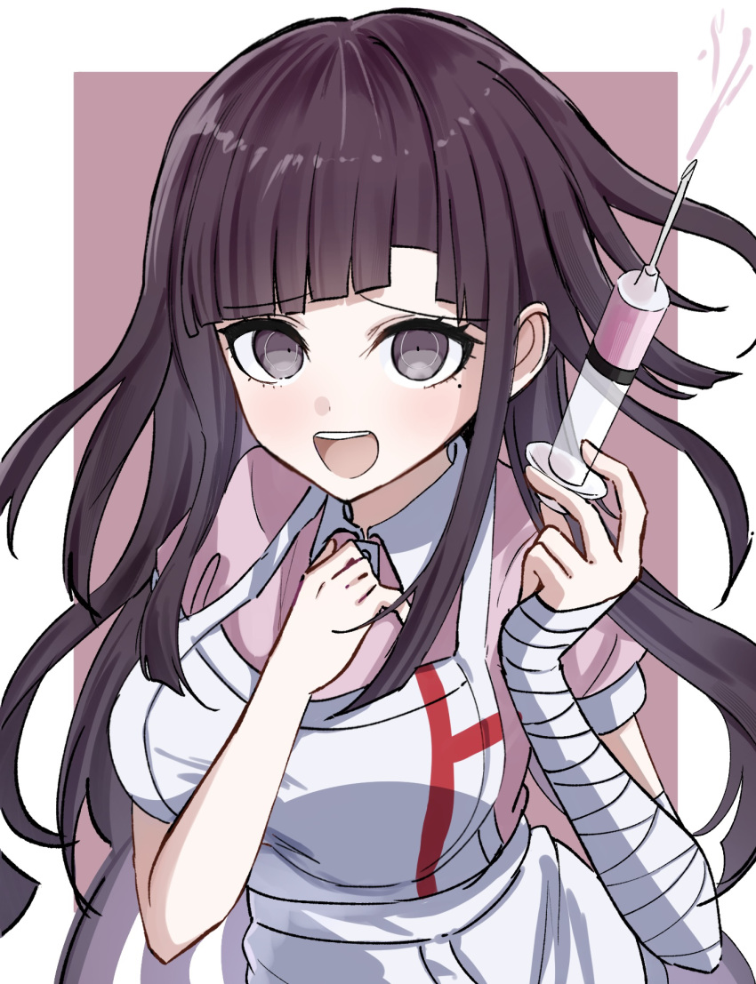 Safebooru - 1girl :d apron bandaged arm bandages black hair danganronpa (series) danganronpa 2 ...