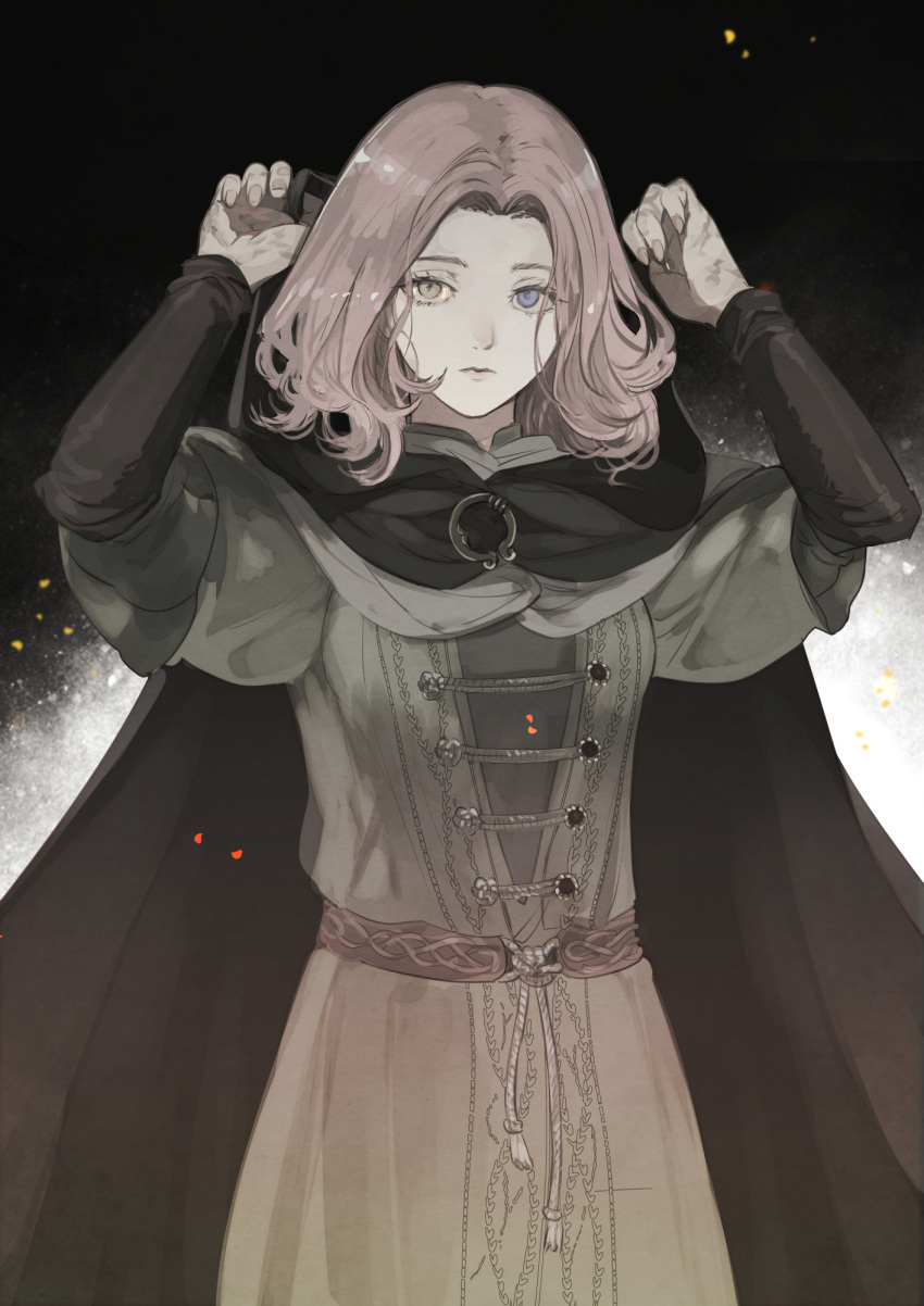 Safebooru - 1girl arms up black background black cloak blue eyes brown ...