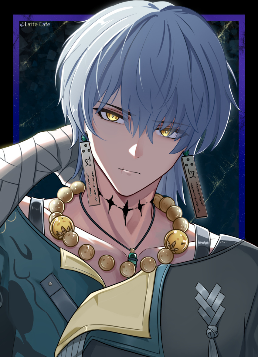 Safebooru - 1boy artist name bandaged hand bandages bead necklace beads blue background blue ...