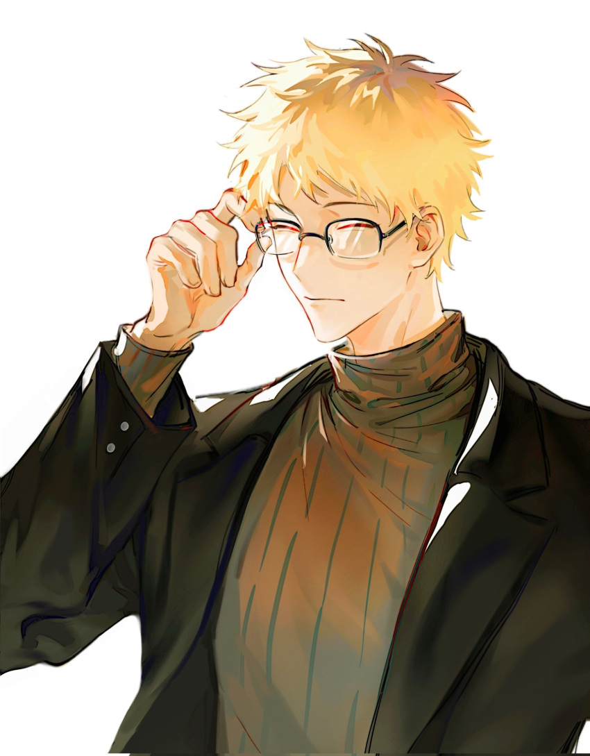 Safebooru - 1boy adjusting eyewear atou haruki black jacket blonde hair brown sweater chinese ...