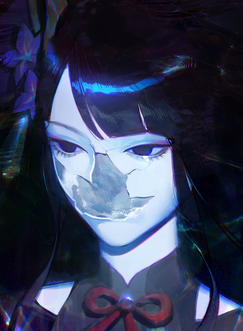 Safebooru - 1girl artist name black background black eyes black hair cracked skin elodeas ...