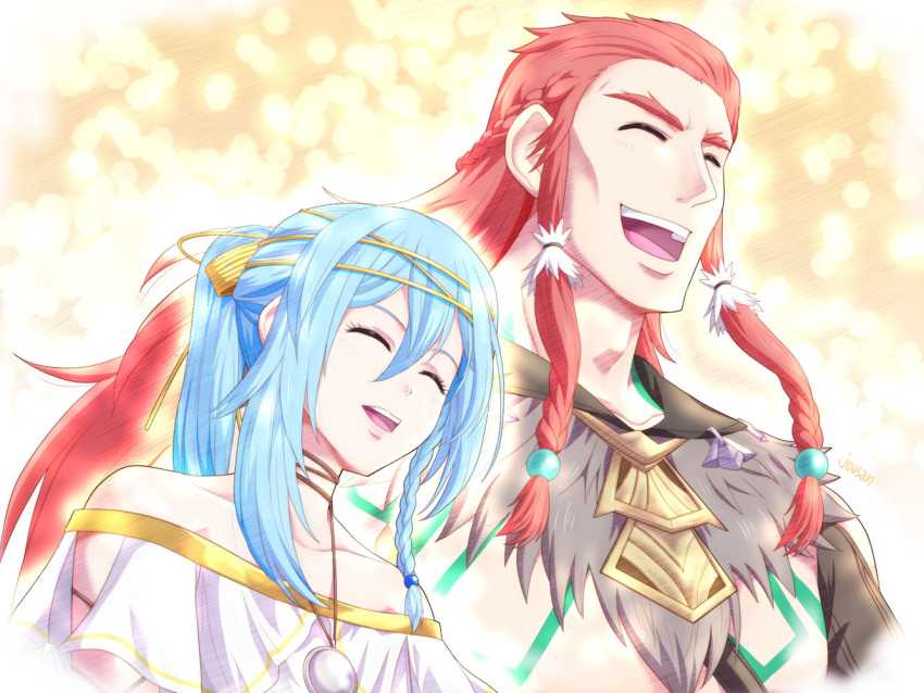 Safebooru - 1boy 1girl artist name bare shoulders blue hair braid closed eyes crown braid double ...