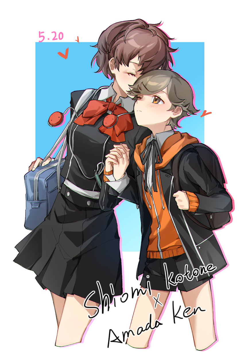 Safebooru - 1boy 1girl amada ken backpack bag black jacket black shorts ...