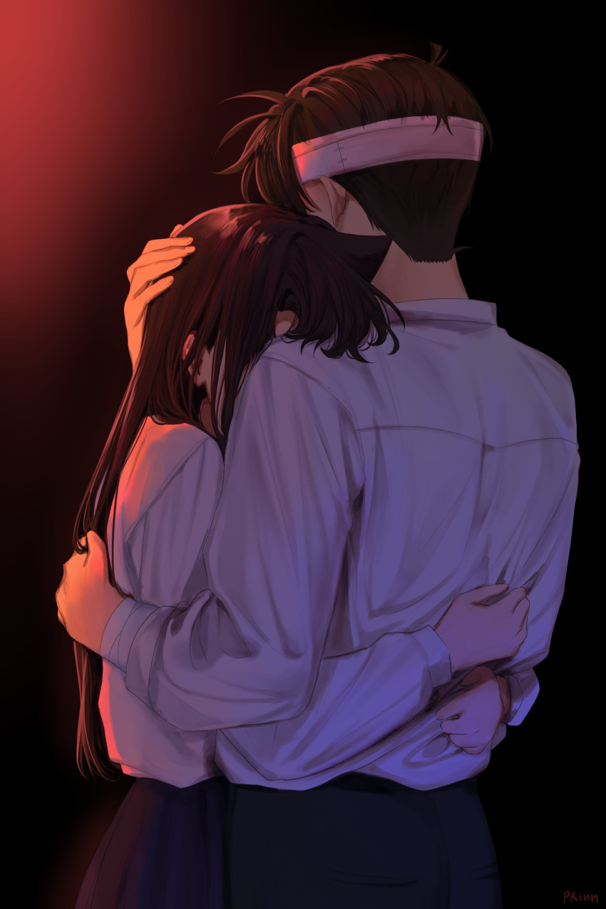 Safebooru - 1boy 1girl absurdres arms around waist artist name bandaged arm bandaged head ...