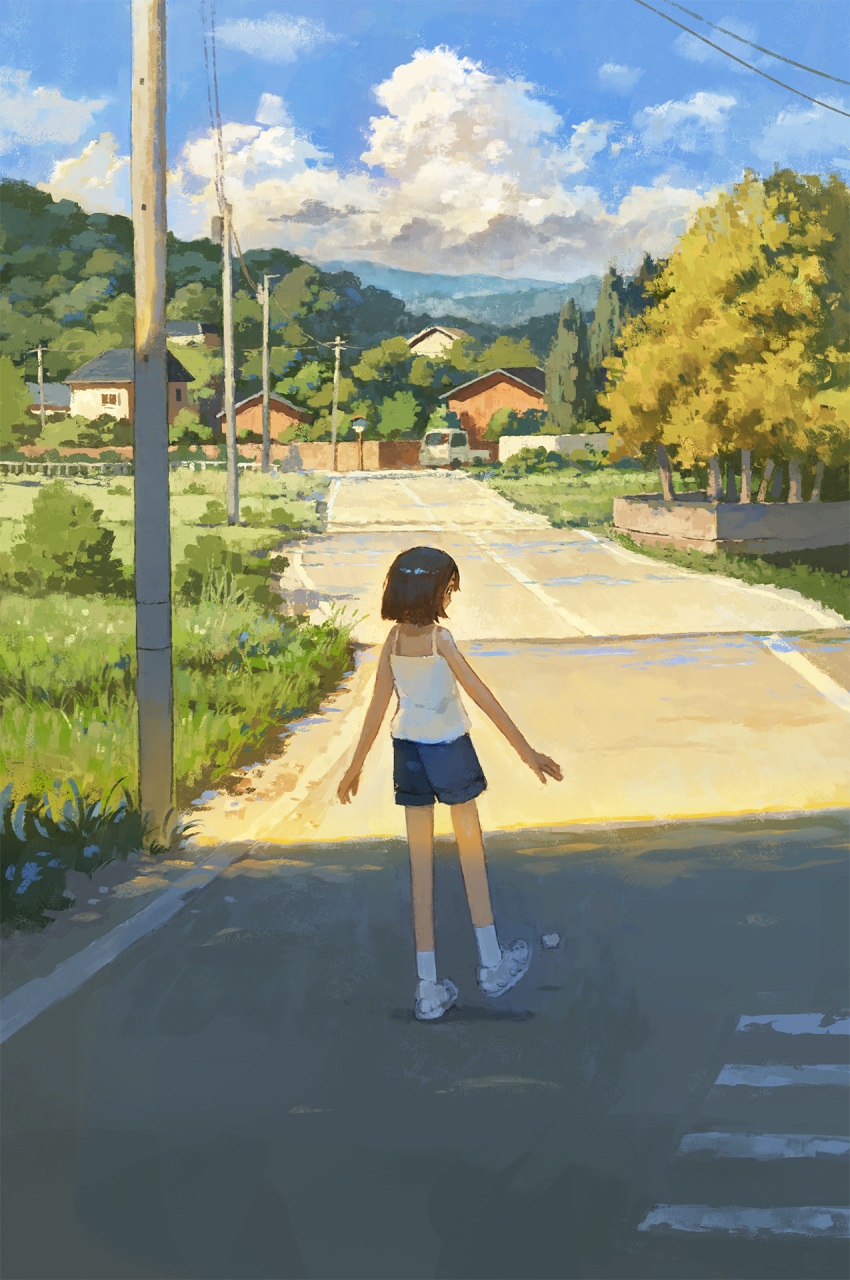Safebooru - 1girl blue shorts blue sky brown hair camisole clouds day fjsmu from behind highres ...