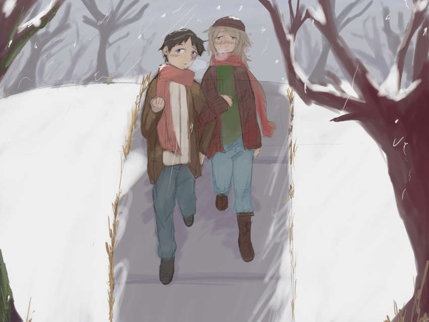 Safebooru - 1boy 1girl absurdres beanie blonde hair blue eyes blush boots brown hair dosedsame ...