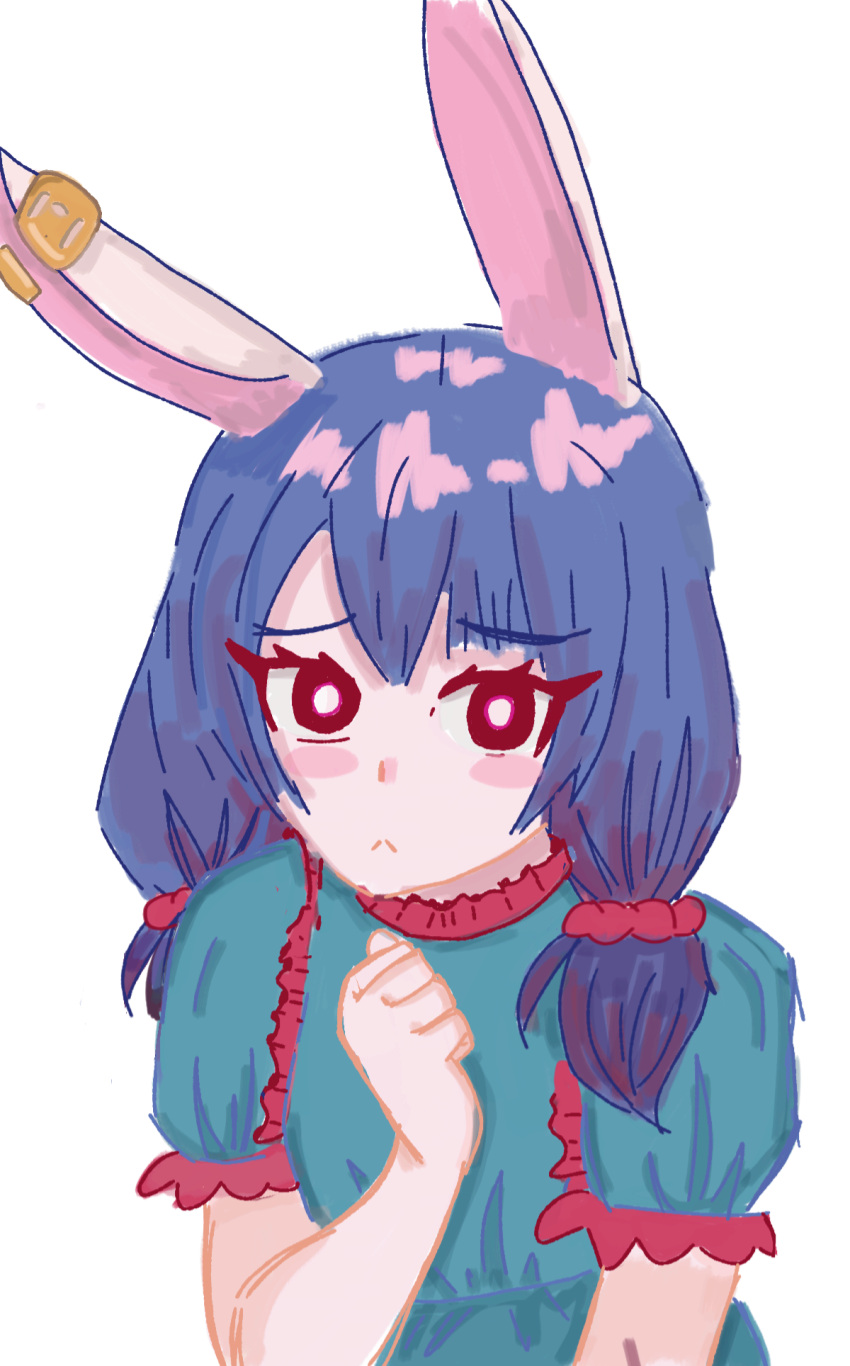 Safebooru - 1girl animal ears blue dress blue hair blush dress earclip hair between eyes highres ...