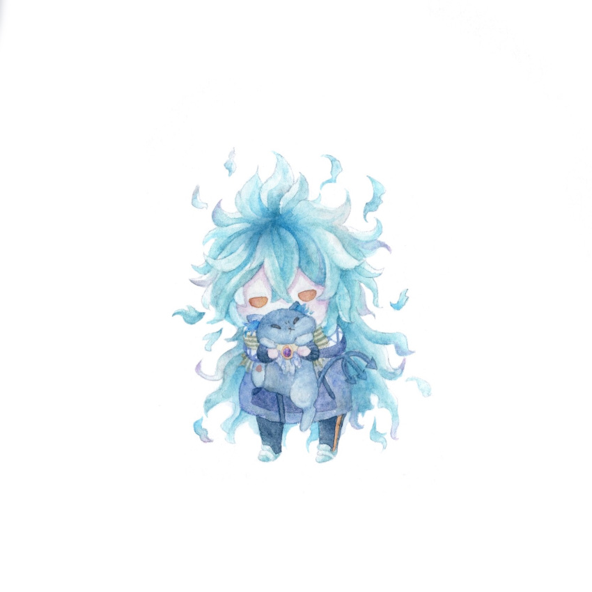 Safebooru - 1boy blue hair blue jacket brown eyes cat chibi creature ...