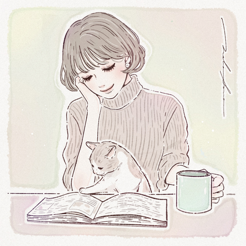 Safebooru 1girl Blush Book Brown Background Brown Hair Brown Sweater 5860